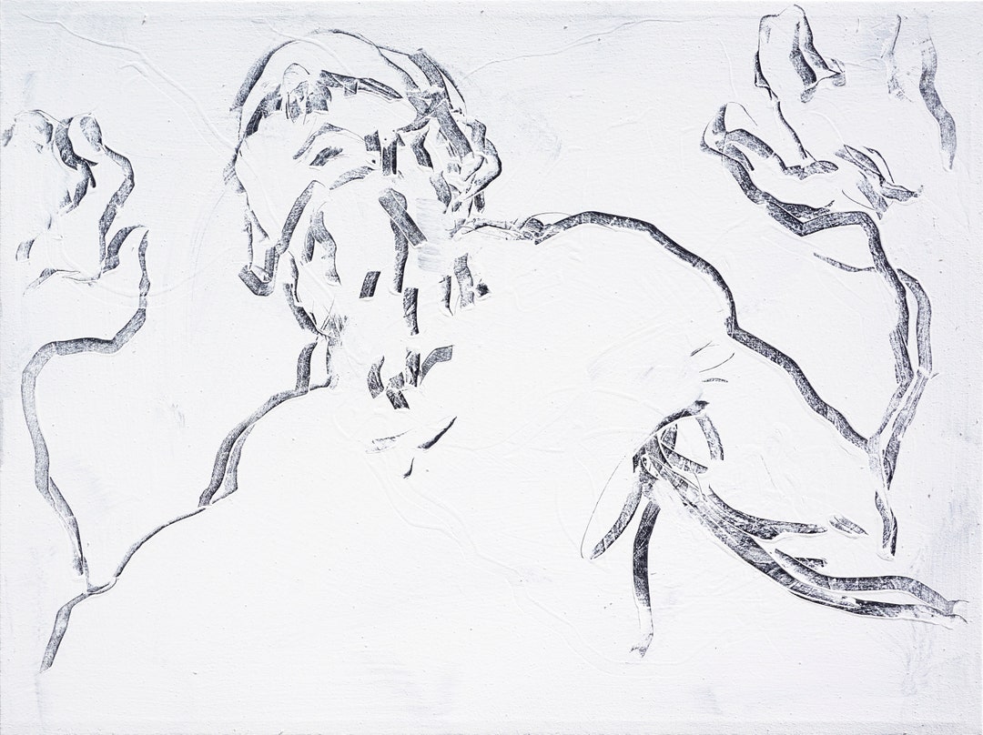 Large Male Figure Line Art, Minimalist White Figure Painting, Artistic ...