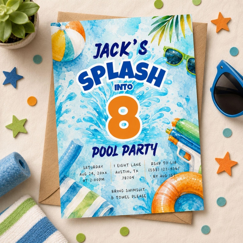 Pool Party Birthday Invitation, Summer Party Invite, Editable Water ...