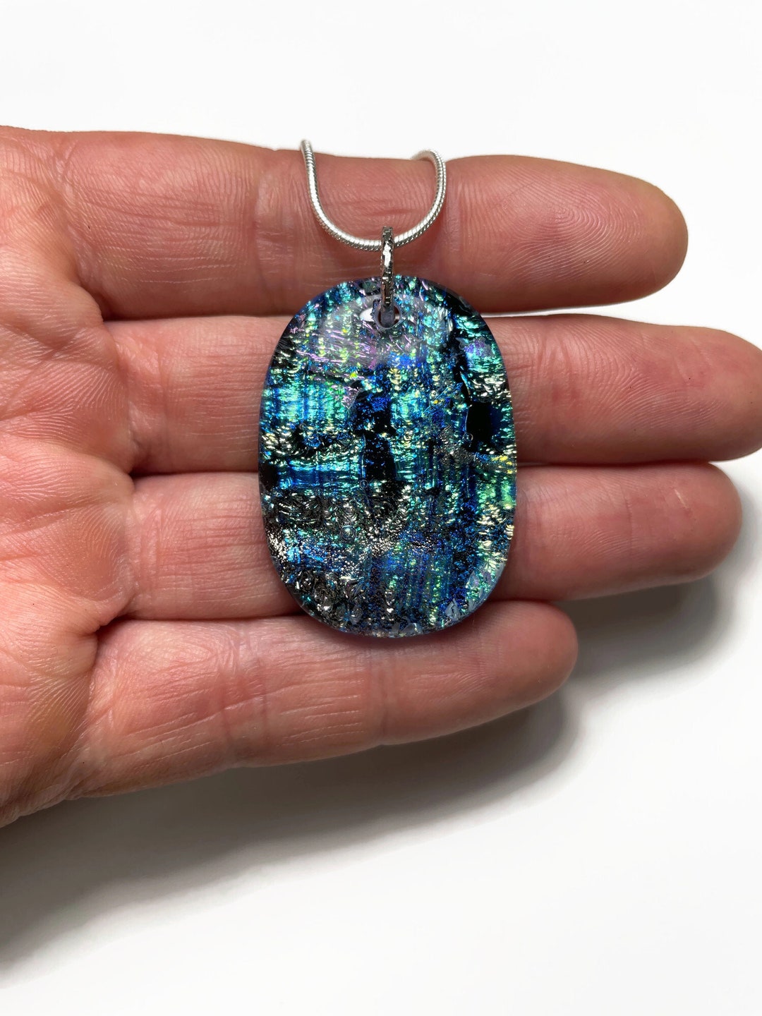 Handcrafted Reflective Blue Necklace, Unique Fused Glass Pendant ...