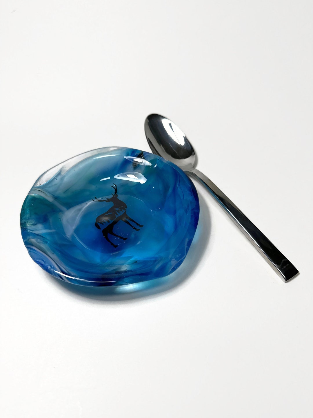 Blue Deer Spoon Rest, Fused Glass Dish, Handmade Mountain Spoon Holder ...
