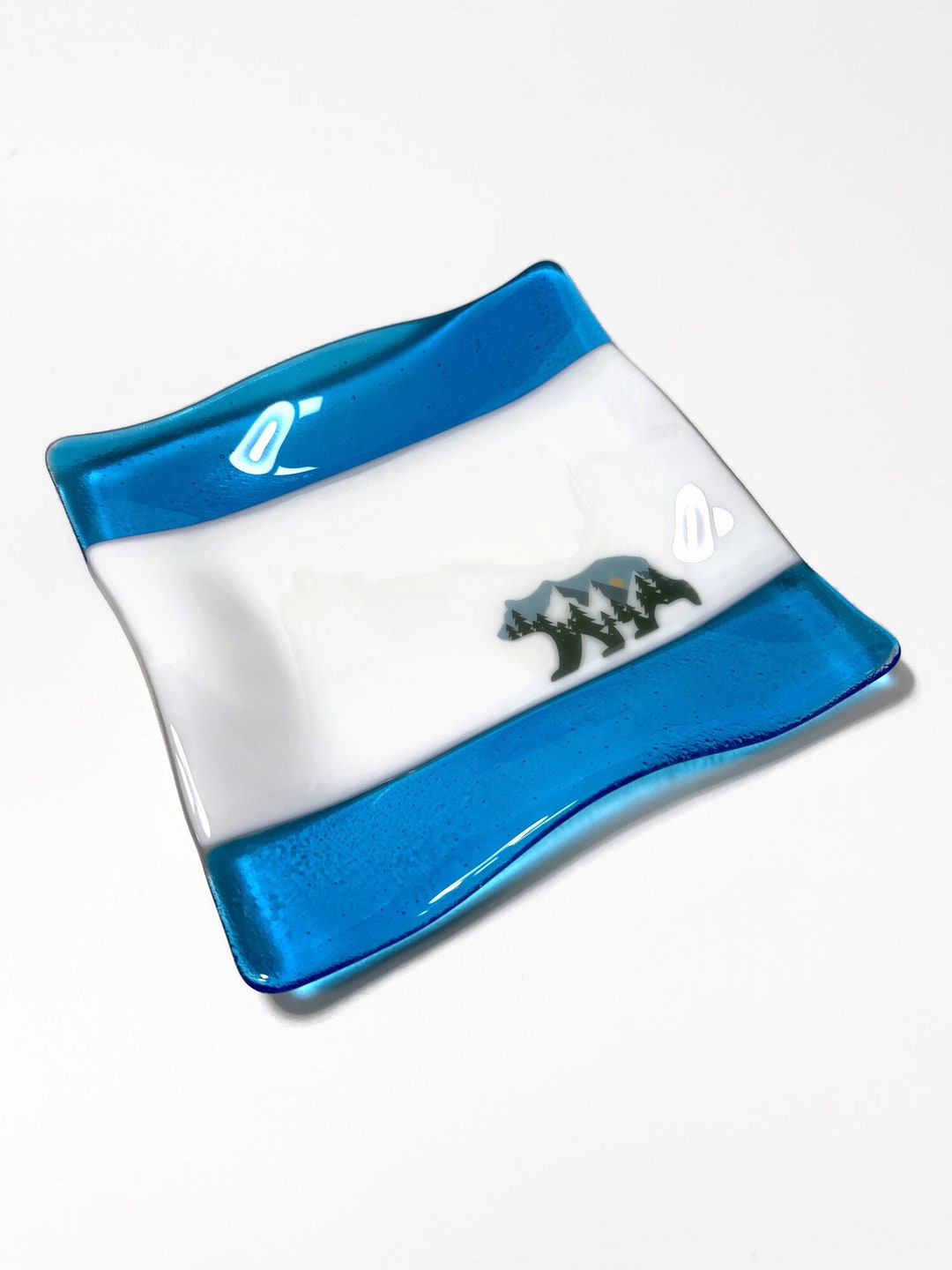 Blue Fused Glass Bear Plate, Mountain Serving Dish, Trinket Tray ...