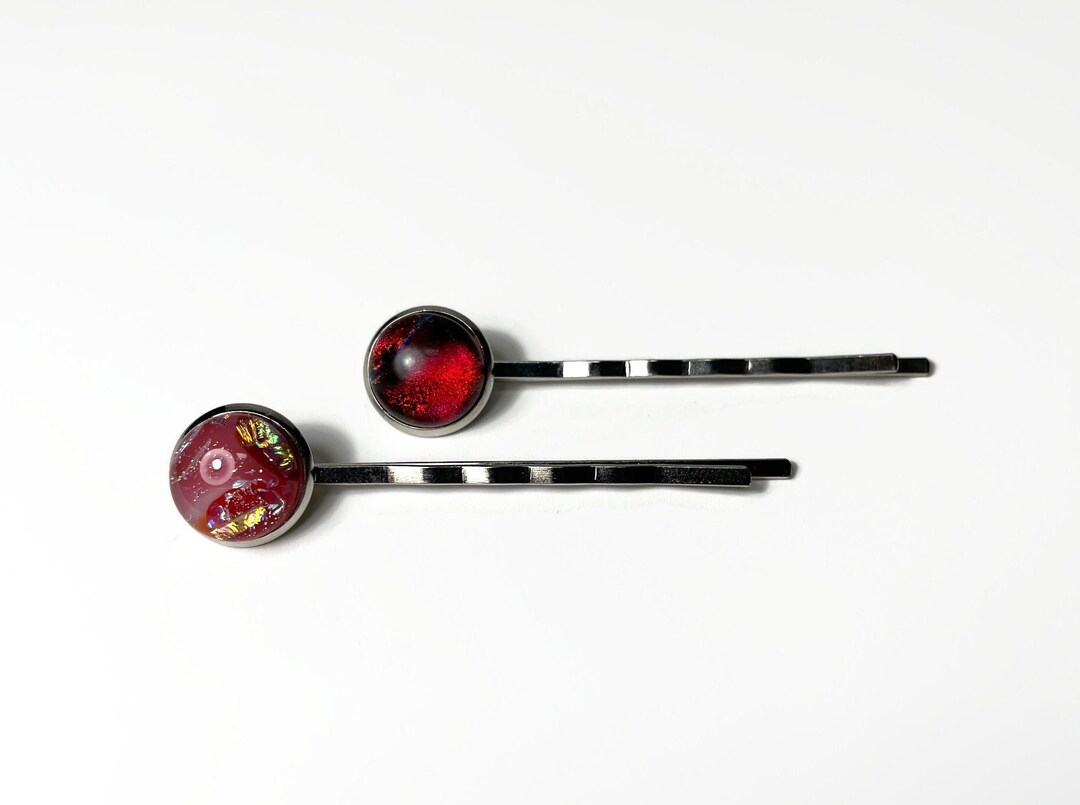 Bobby Pins, Red, Pink, Fused Dichroic Glass Barrettes, Hair Jewelry ...