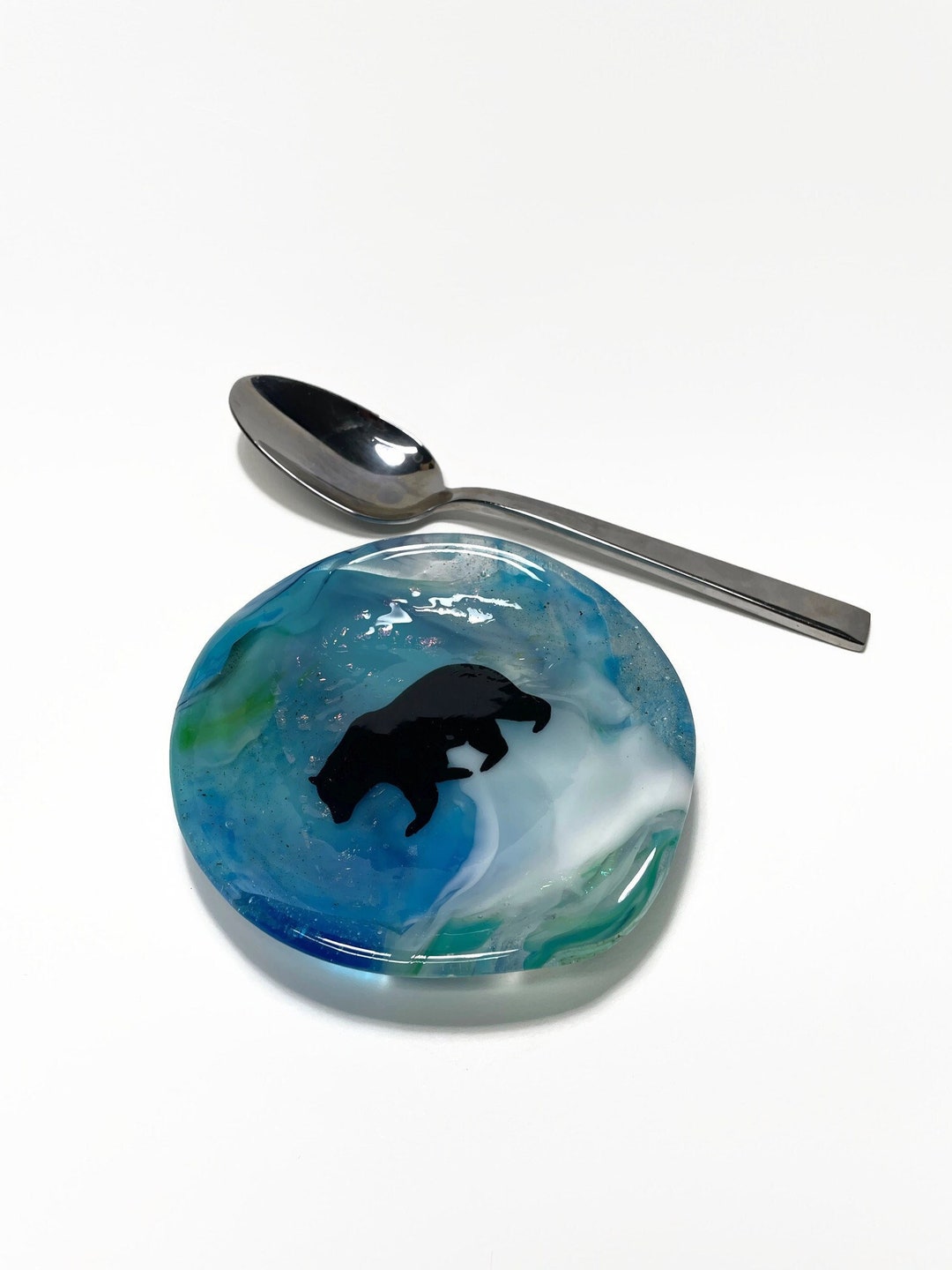 Bear Spoon Holder, Blue Fused Glass, Kitchen Decor, Glass Dish, Unique ...