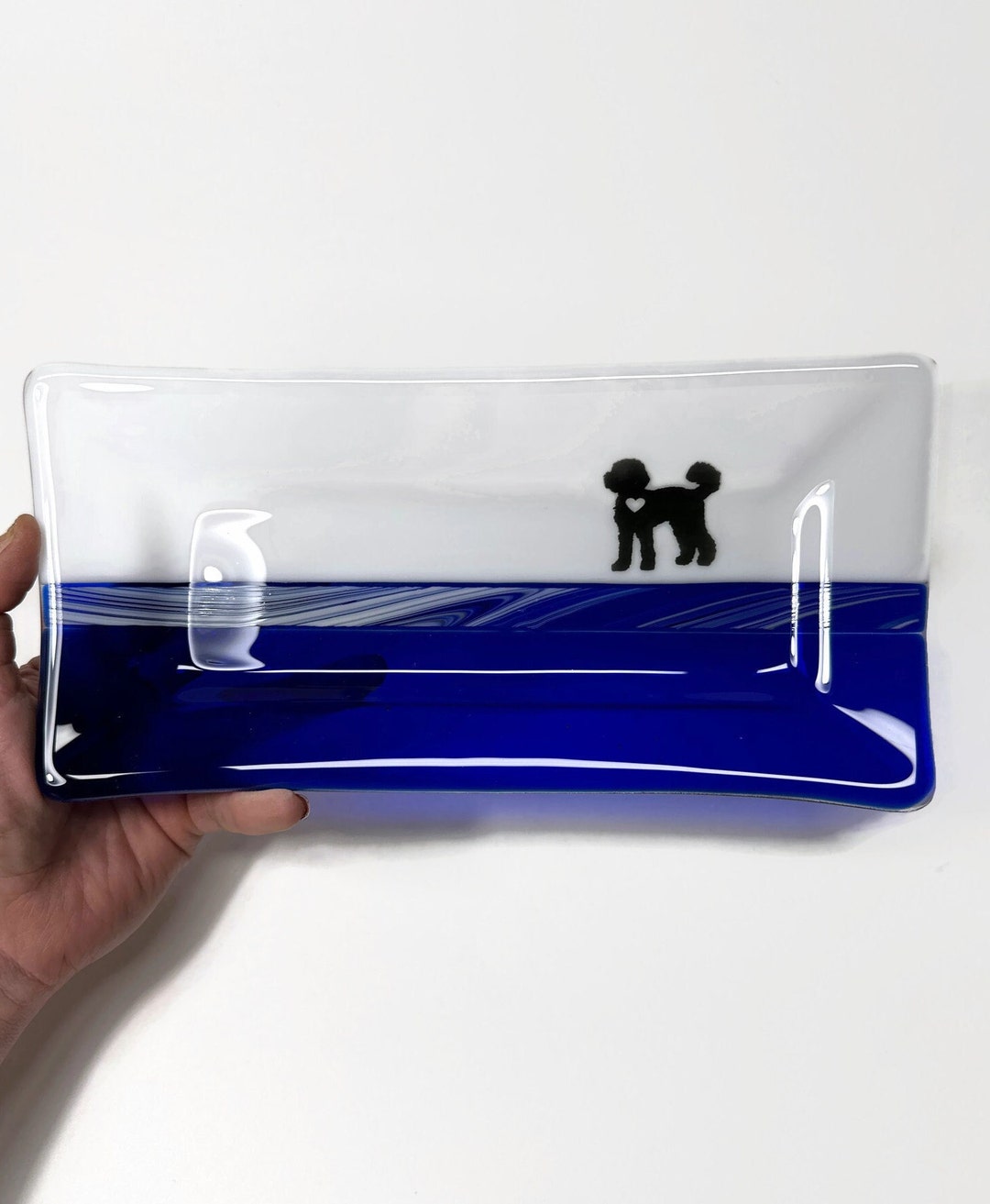 Artisan Made Labradoodle Glass Plate, Blue Serving Dish, Poodle Trinket ...