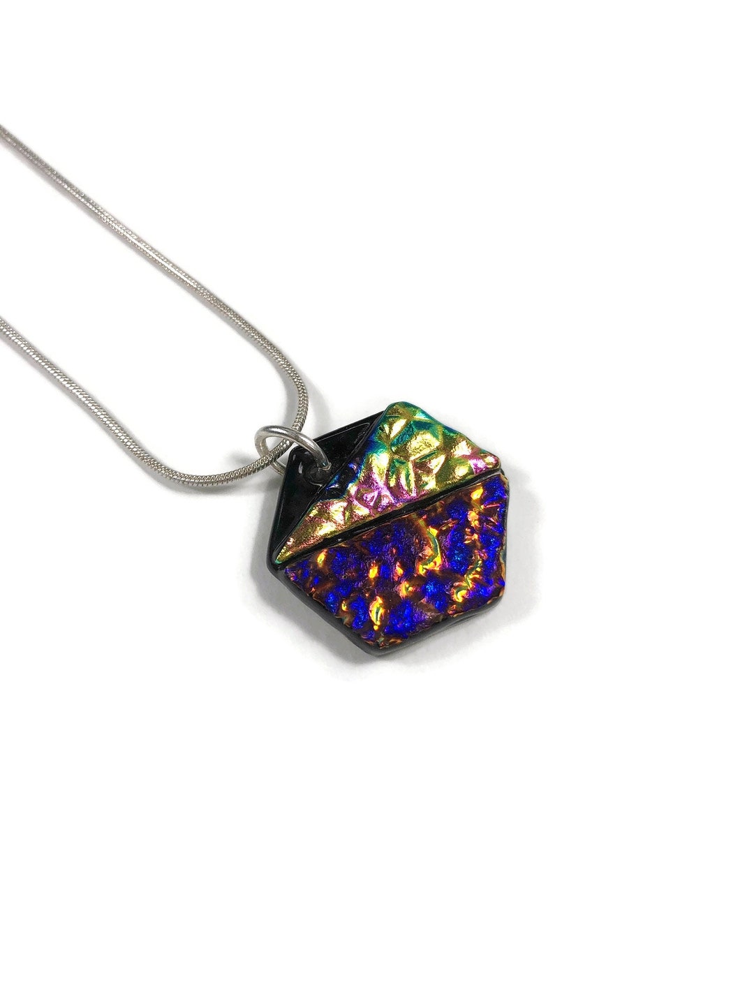 Handmade Reflective Hexagon Pendant, Fused Dichroic Glass Jewelry ...