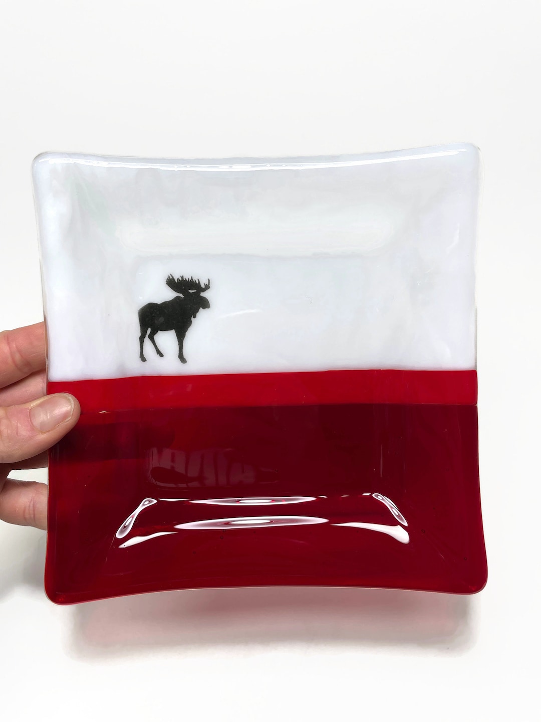 Moose Fused Glass Plate Red and White Serving Dish Moose Kitchen Decor ...