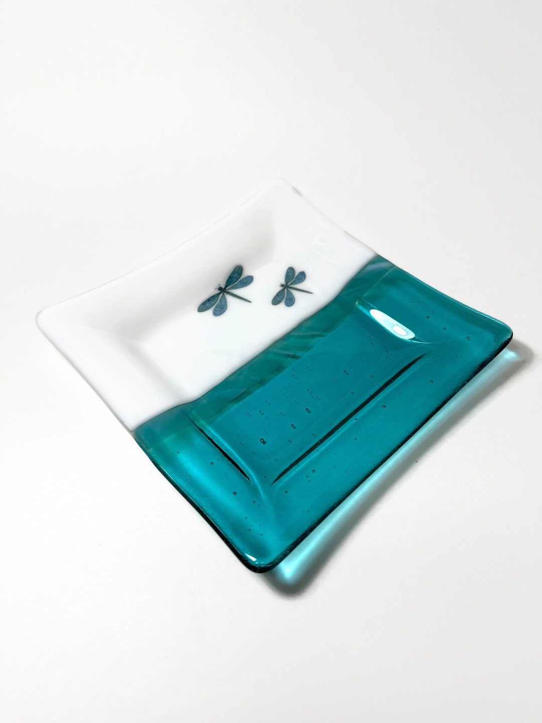 Dragonfly Fused Glass Plate, Teal Green Serving Dish, Spoon Rest ...