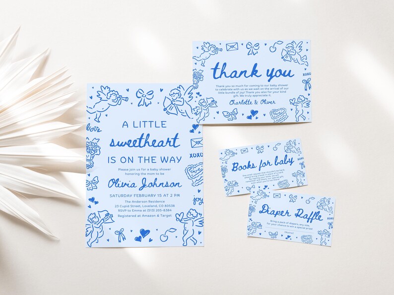 Editable Hand Drawn Whimsical Bow Coquette Blue Hearts Baby Boy ...