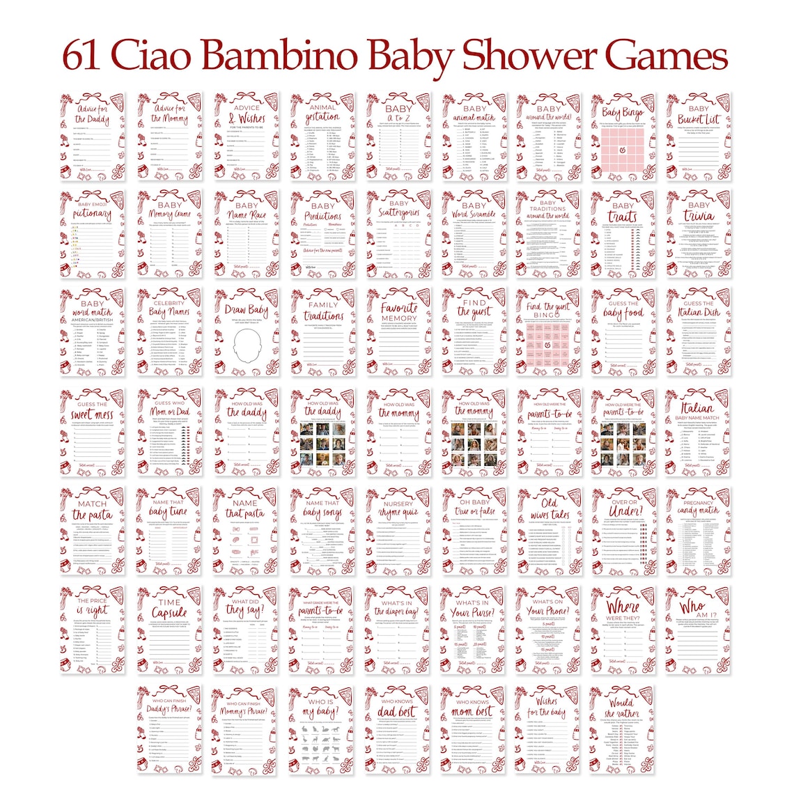 Ciao Bambino Baby Shower Game Bundle, Editable Red Italian Ciao Baby ...