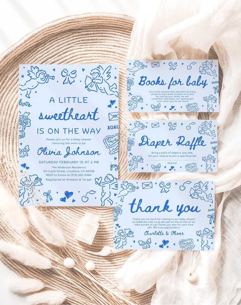 Editable Hand Drawn Whimsical Bow Coquette Blue Hearts Baby Boy ...