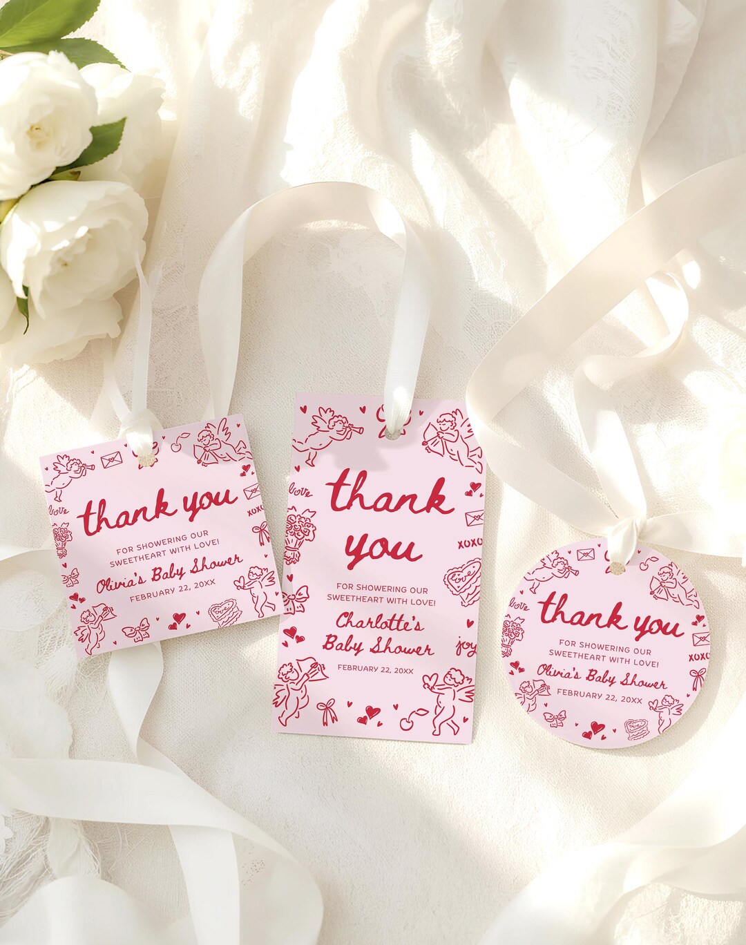 Editable Pink Red Hand Drawn Whimsical Bow Coquette Hearts Valentine's ...