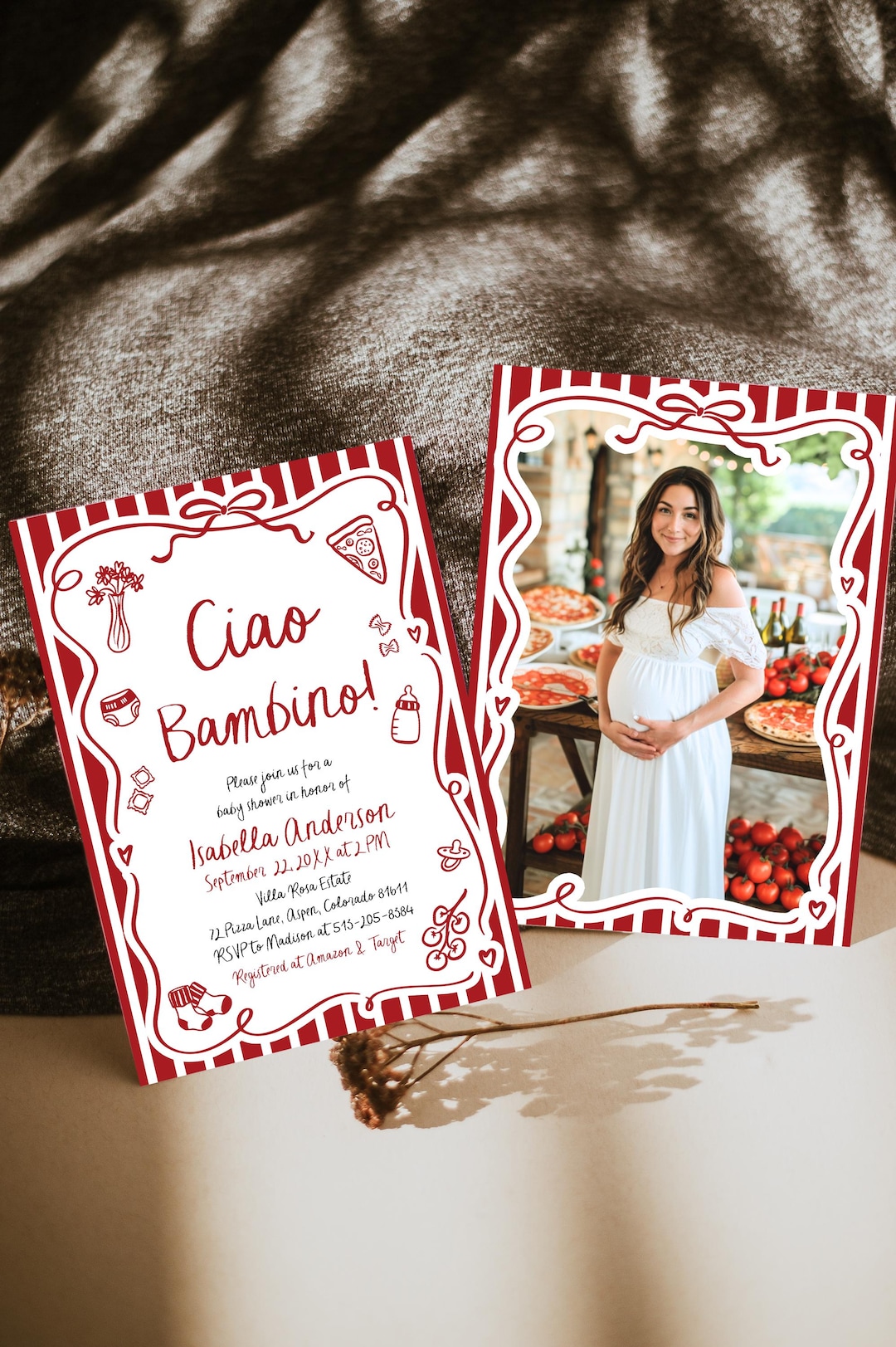 Whimsical Italian Ciao Bambino Baby Shower Invitation Template, Red ...