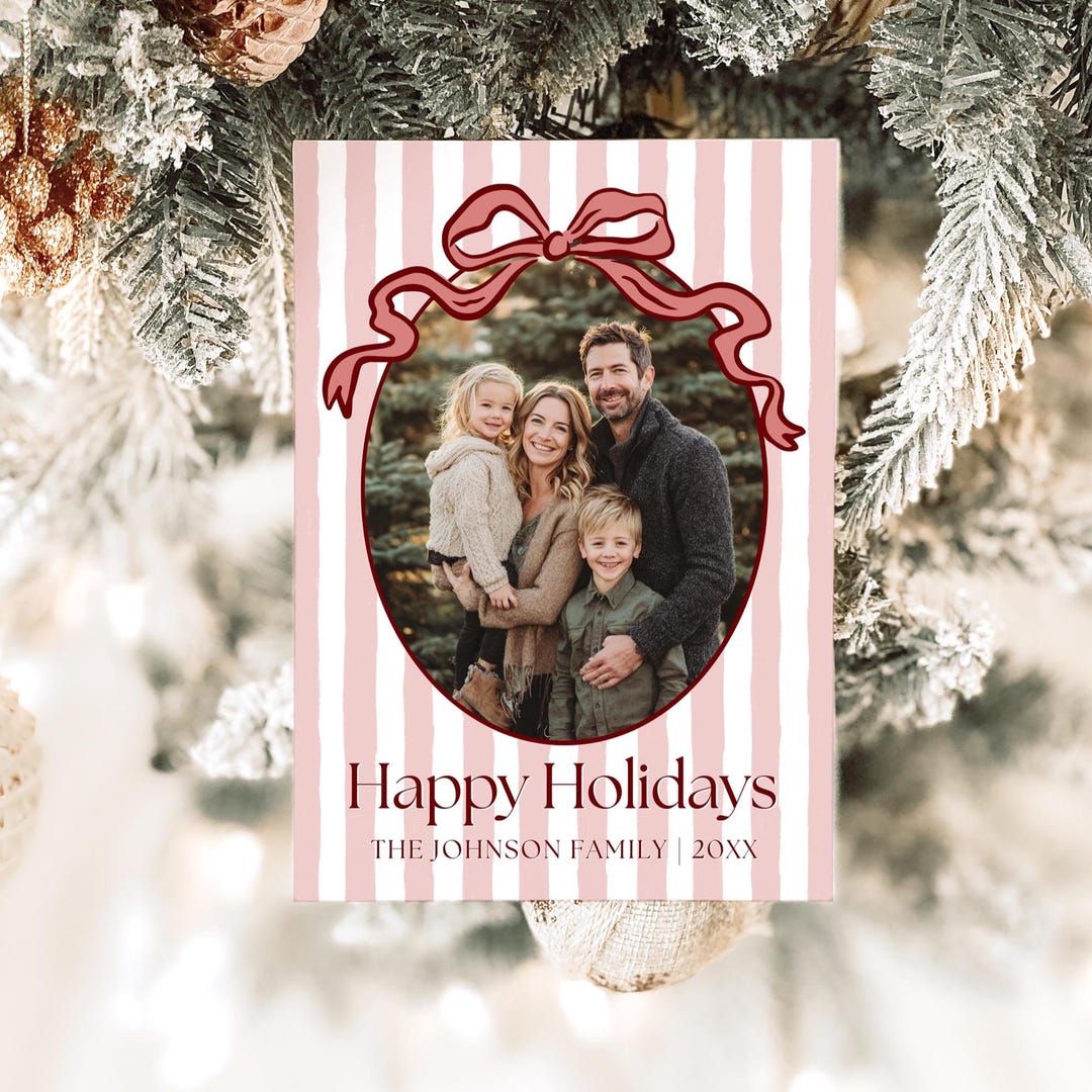 Hand Drawn Coquette Bow Frame Stripe Holiday Photo Card, Editable ...