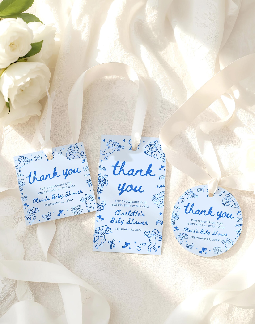 Editable Blue Boy Hand Drawn Whimsical Bow Coquette Hearts Valentine's ...