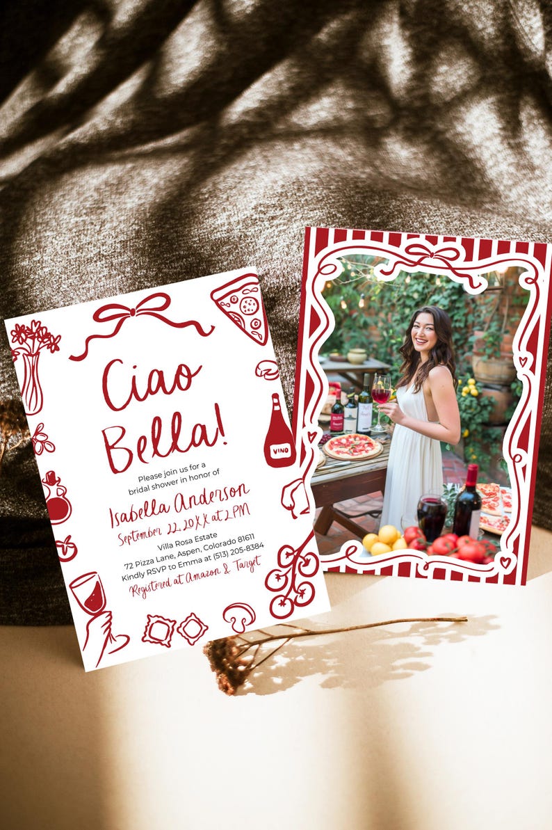 Ciao Bella Bridal Shower Invitation Template, Editable Whimsical Red ...