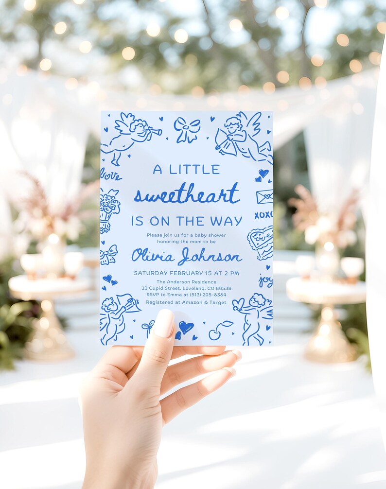 Editable Hand Drawn Whimsical Bow Coquette Blue Hearts Baby Boy ...