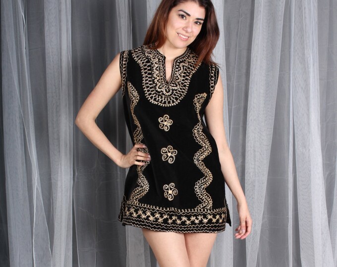 Micro Mini Dress Vintage 1960s 60s Black Gold Tunic Top S - Etsy