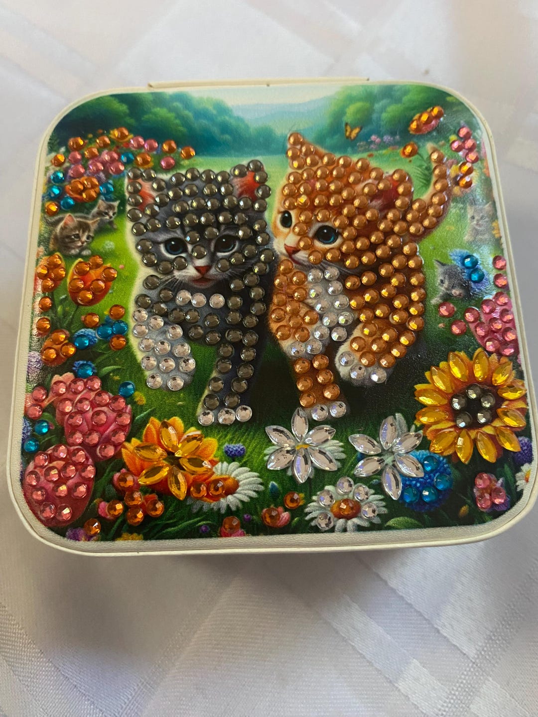 Diamond Art Cat Jewelry Box – Rhinestone Kittens & Flower. Completed ...