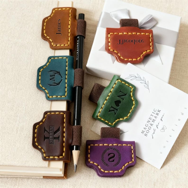Personalized Leather Magnetic Bookmark With Pen Clip: Handmade Reader ...