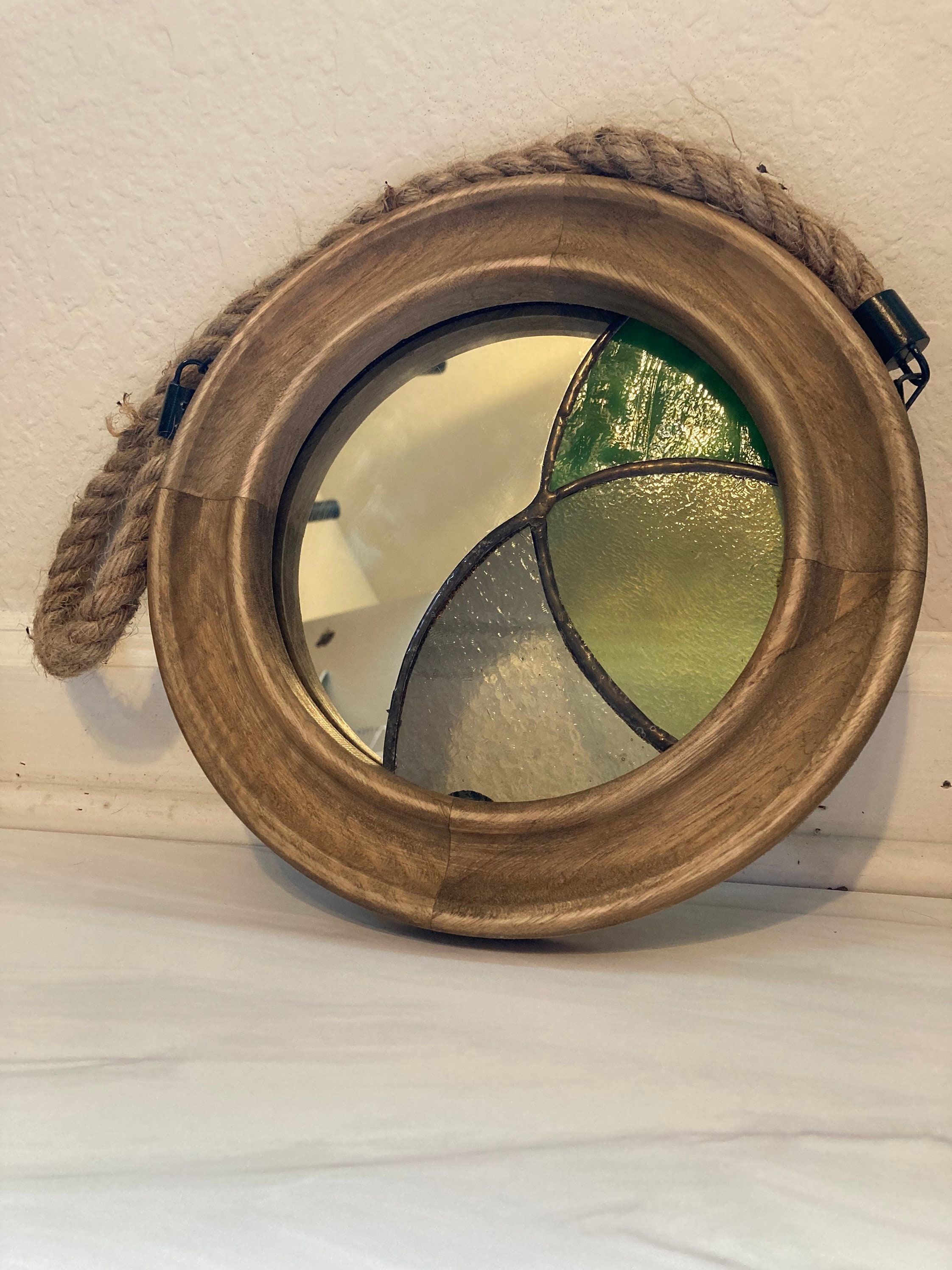 Green Stained Glass Rustic Round Mirror Farmhouse Antique | Etsy
