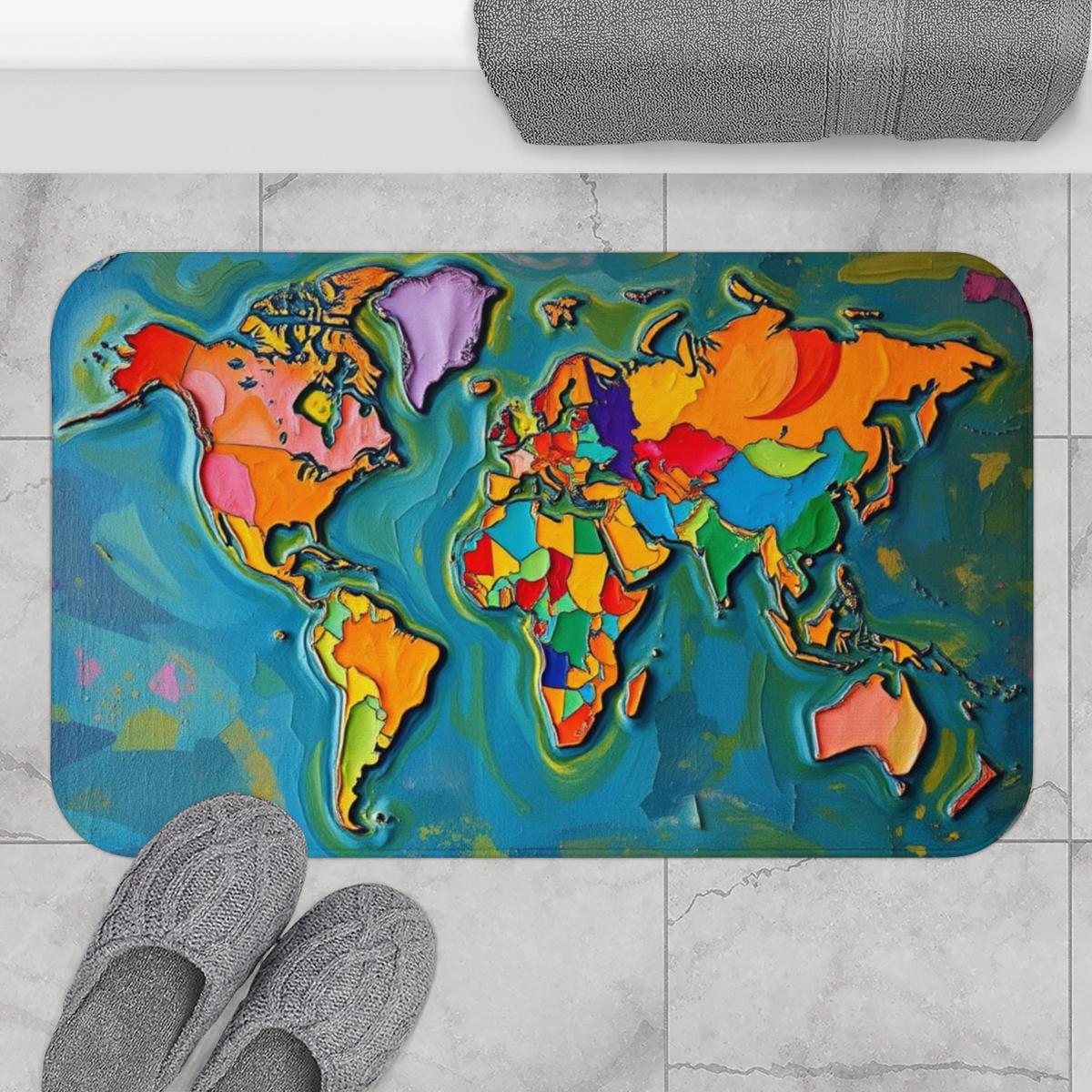 Colorful World Map Bath Mats - Vibrant Designs Floor Mat for Travel ...