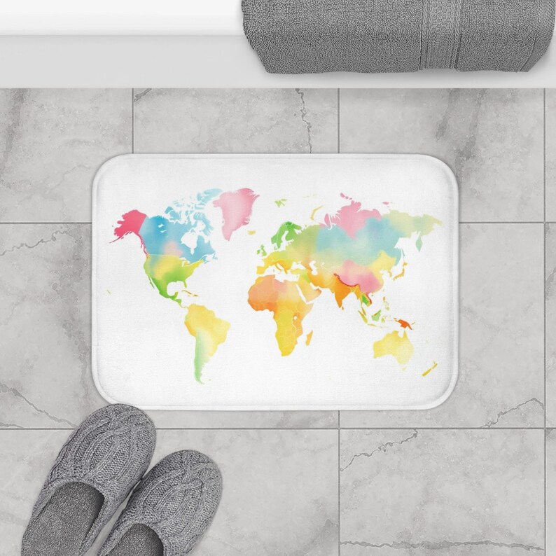 Colorful World Map Bath Mats - Vibrant Designs Floor Mat for Travel ...