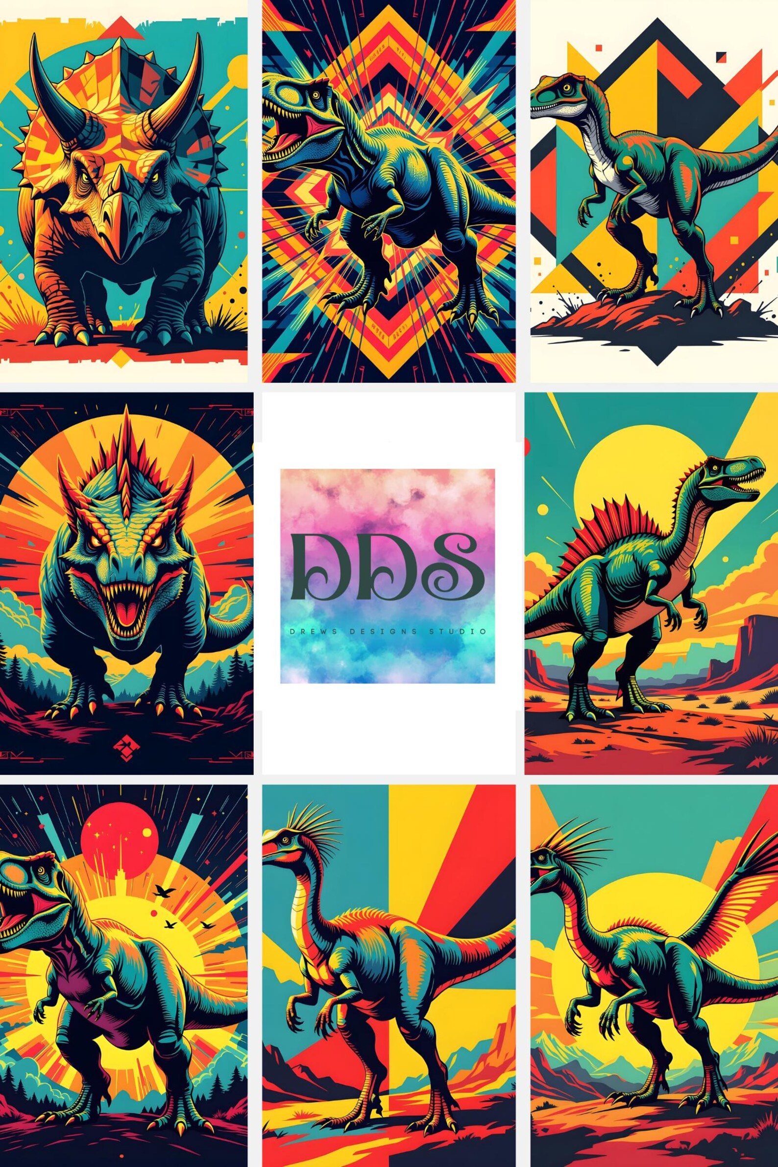 Set of 9 Pop Art Dinosaur for Kids Wall Art Phone Wallpaper Stegosaurus ...