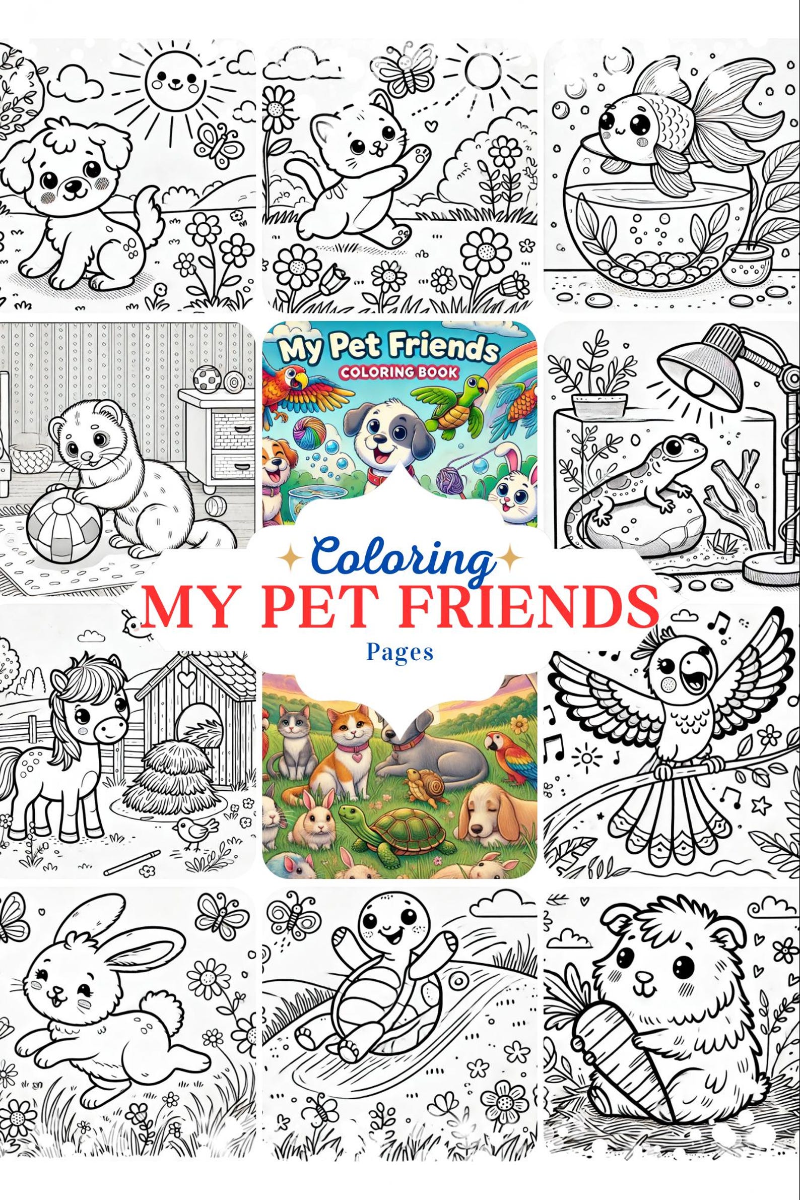 My Pet Friends Coloring Book | 10 Adorable Pet Printable Coloring Book ...