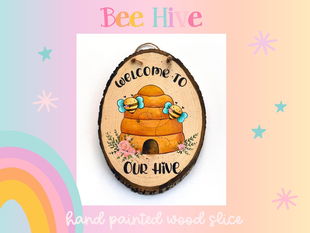 Beehive Wood Slice, Hand Painted Beehive Door Hanger, Bee Front Door ...