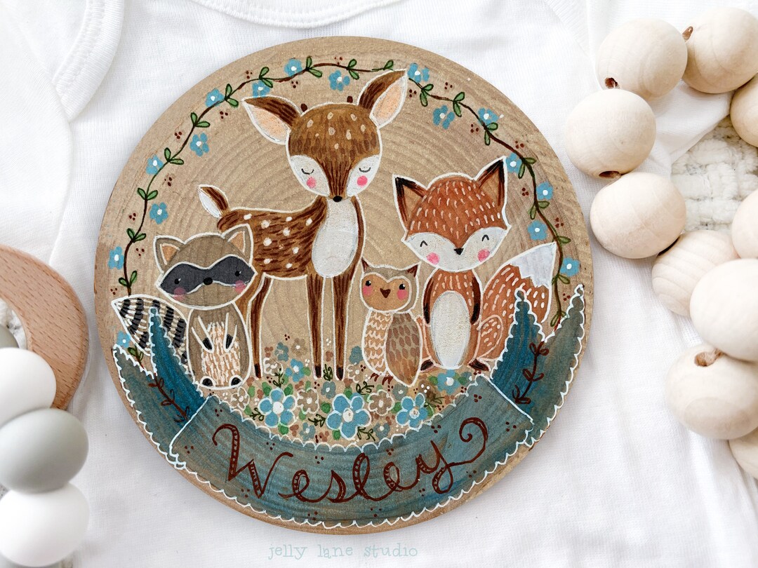 Woodland Baby Name Sign, Woodland Animals Nursery Decor, Round Wood ...