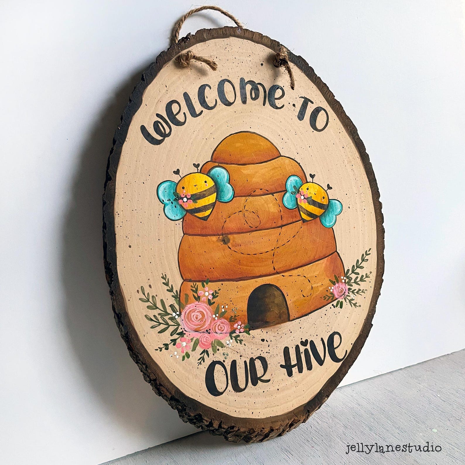 Beehive Wood Slice, Hand Painted Beehive Door Hanger, Bee Front Door ...