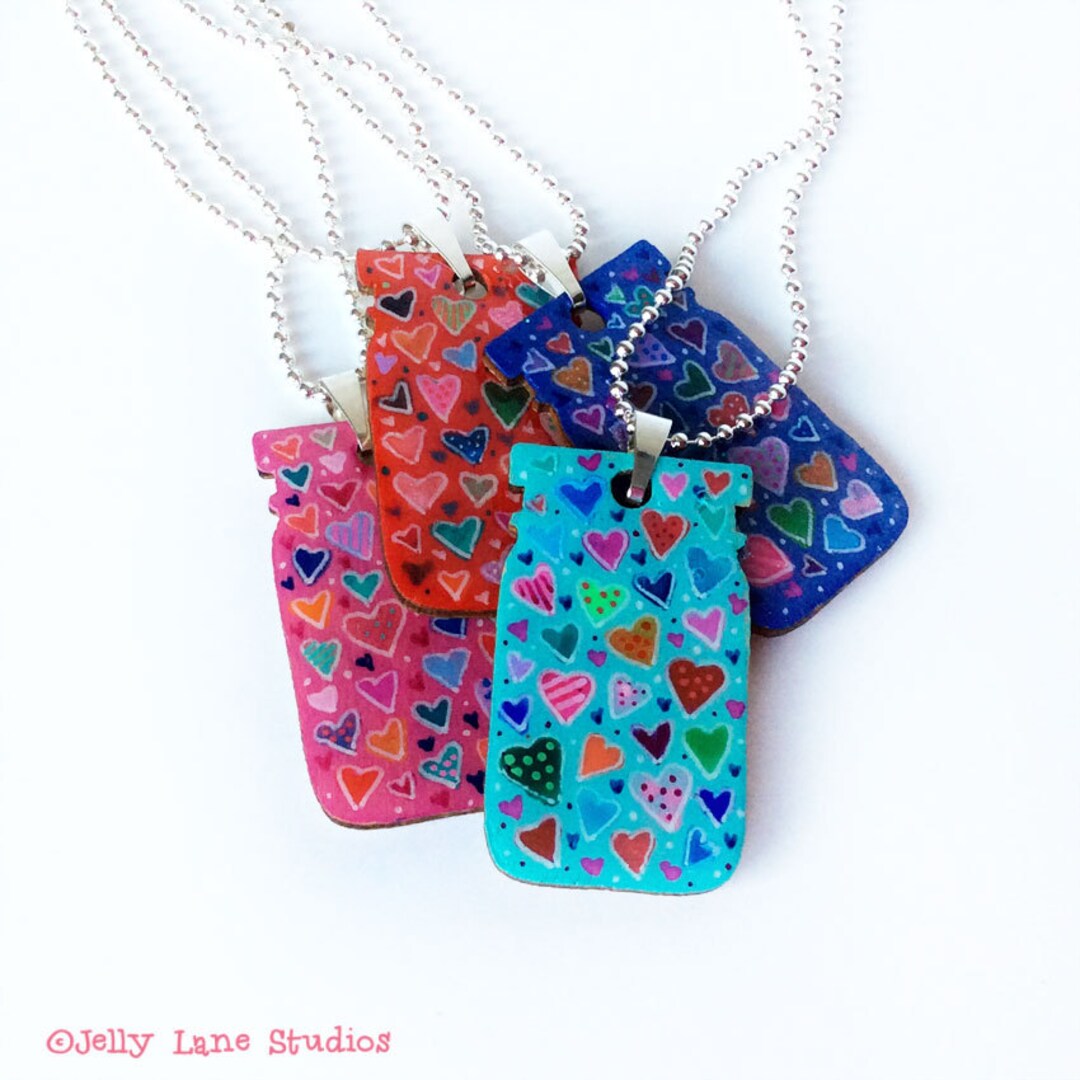 Mini Mason Jar Necklace, Hand Painted Necklace, Love Heart Necklace ...