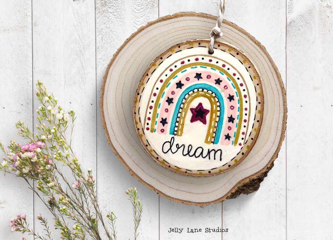 Boho Rainbow Ornament, Rainbow Magnet, Rustic Woodslice Ornament, Hand ...