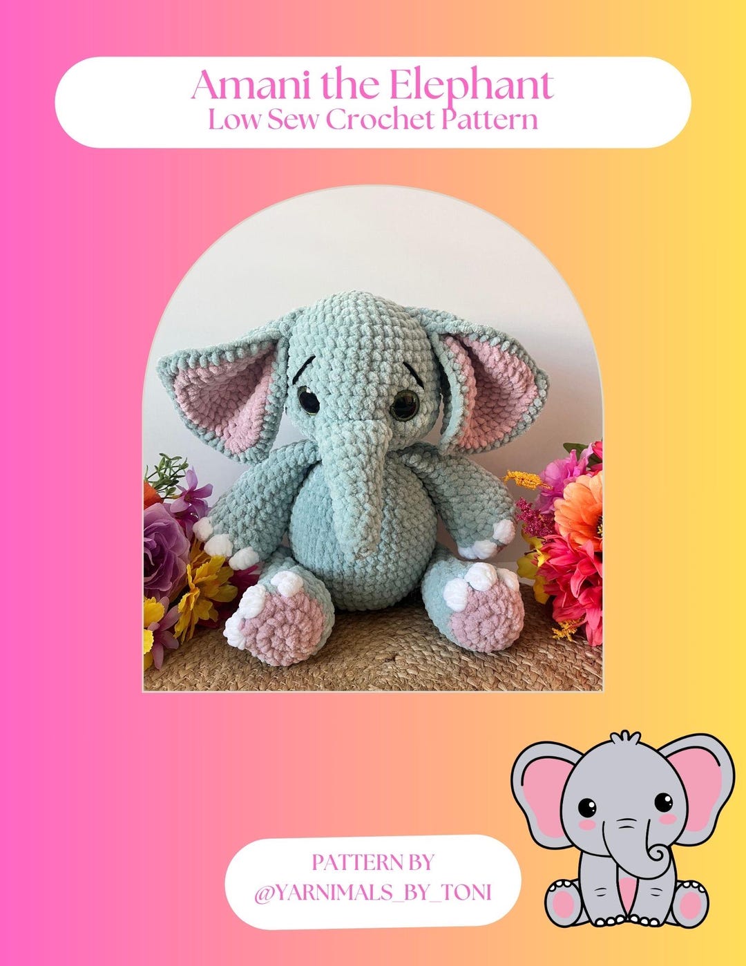 Elephant Crochet Pattern: Amani the Elephant, Low Sew Amigurumi Toy ...