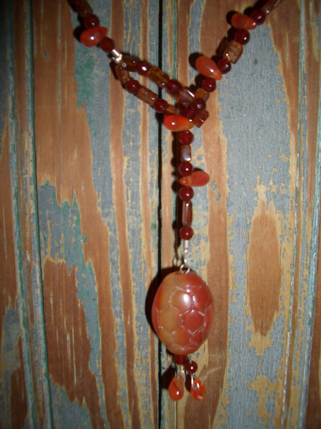 Lariat With Hand Strung Semi Precious Gems and Hand Carved Turtle Back ...