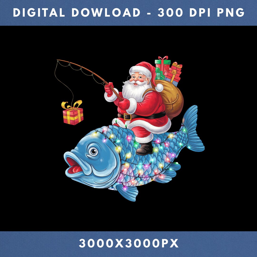 Fishing Santa PNG Christmas Bass Fish Holiday Design for DIY Projects ...