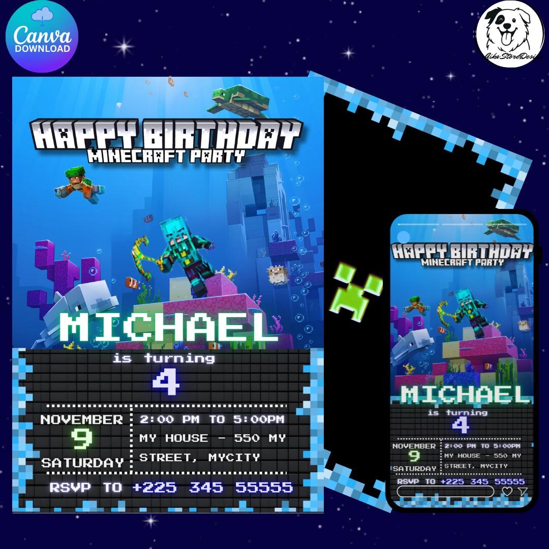 Editable Minecraft Birthday Invitation, Minecrafter Birthday ...