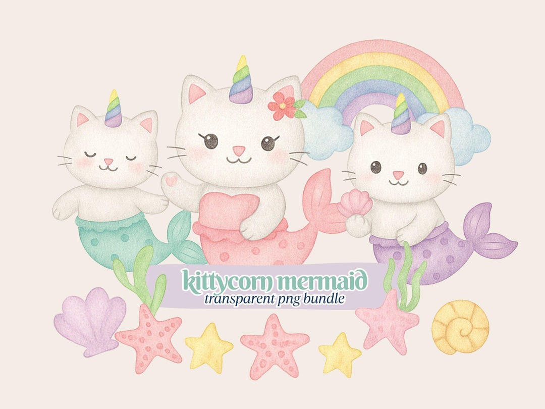 Kittycorn Mermaids PNG Bundle | Transparent Background | Watercolor ...