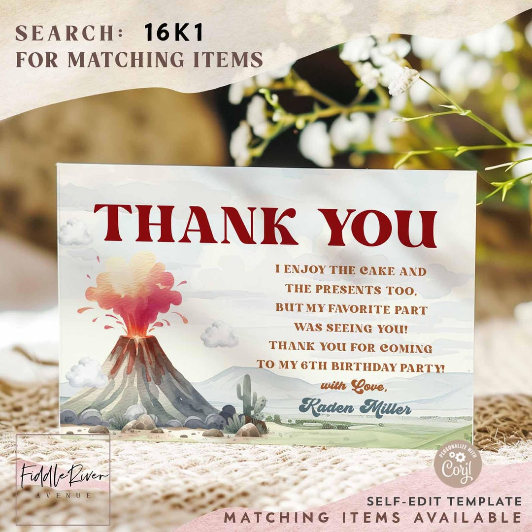 Volcano Birthday Thank You Card: Lava Theme Digital Template 16K1 - Etsy