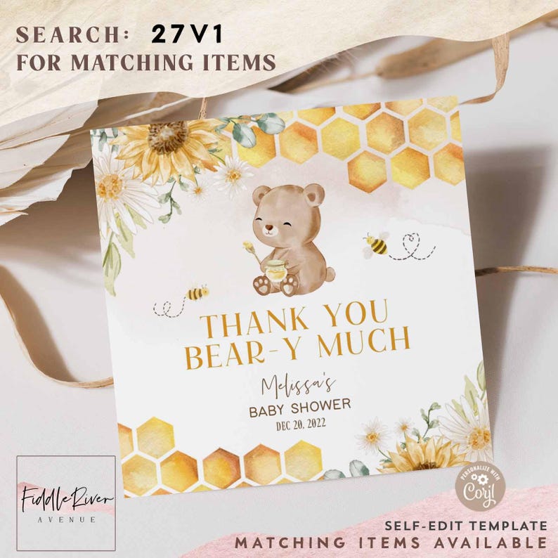 Editable Mustard Yellow Honey Bear Sunflower Honeycomb Shower Birthday ...