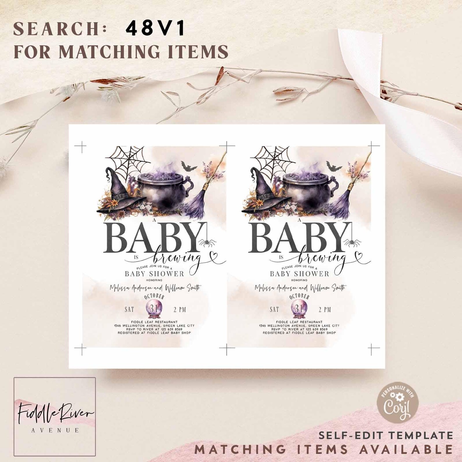 Editable Halloween A Baby is Brewing Witch Baby Shower Invitation ...