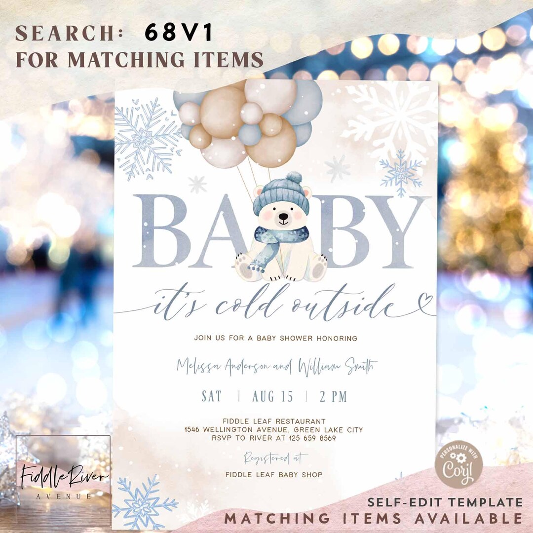 Editable Boy Blue Winter Baby It's Cold Outside Polar Bear Snowflake ...