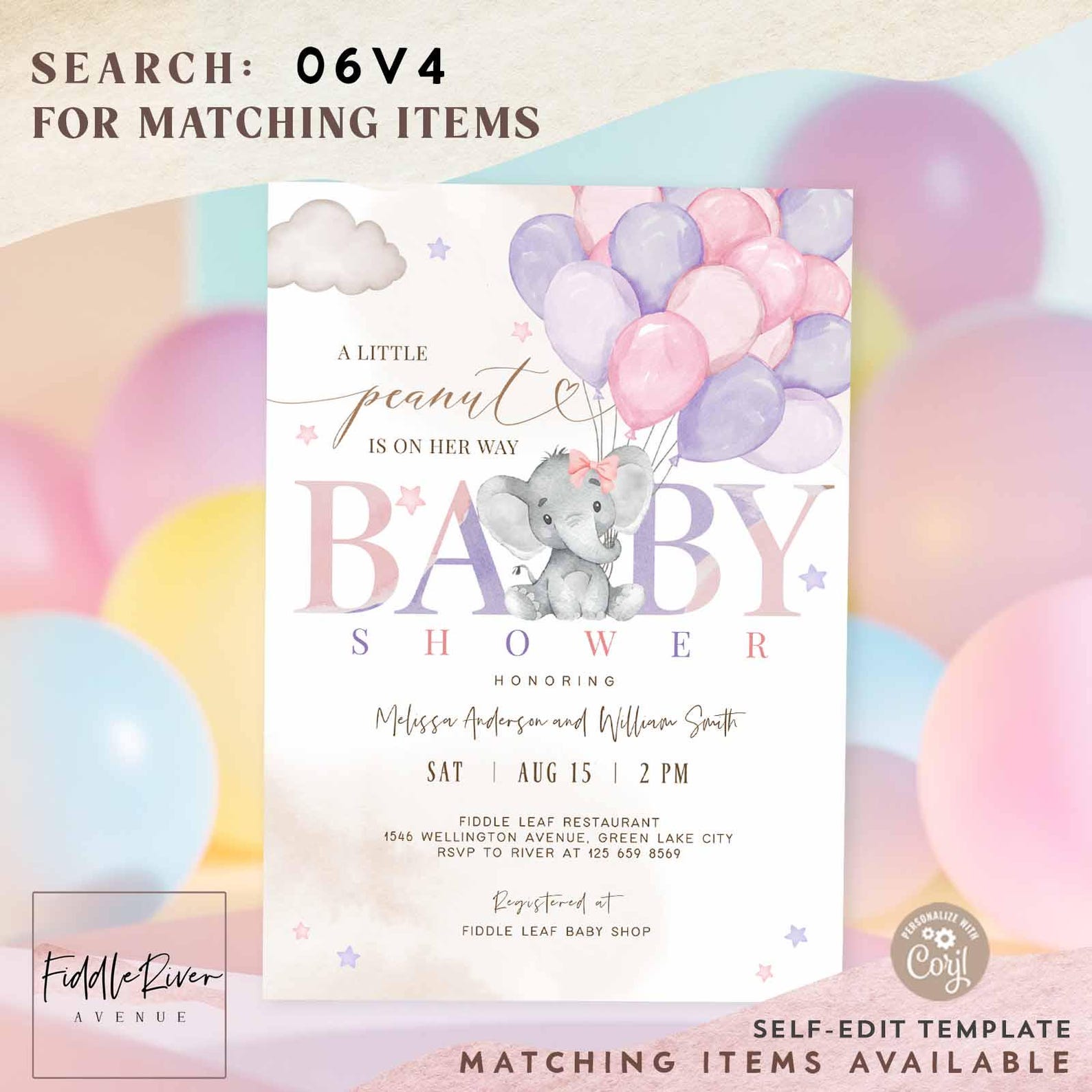 Editable Purple Pink Elephant Baby Shower Invitation: Little Peanut ...