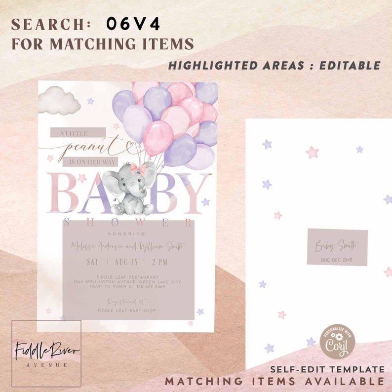 Editable Purple Pink Elephant Baby Shower Invitation: Little Peanut ...