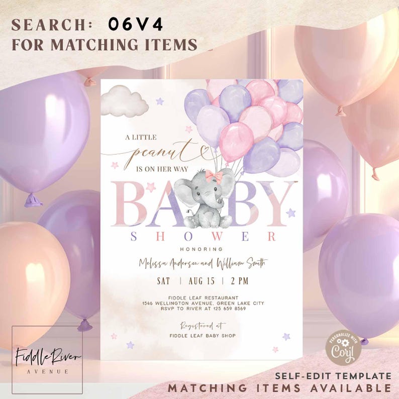 Editable Purple Pink Elephant Baby Shower Invitation: Little Peanut ...