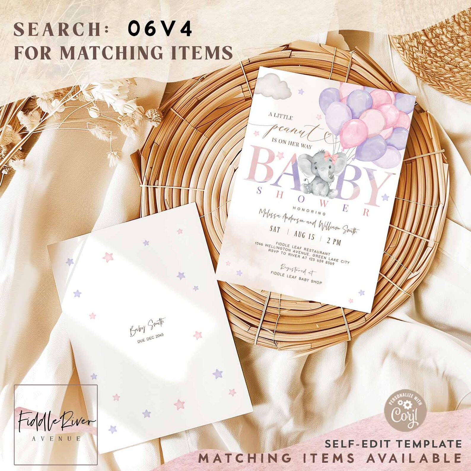Editable Purple Pink Elephant Baby Shower Invitation: Little Peanut ...
