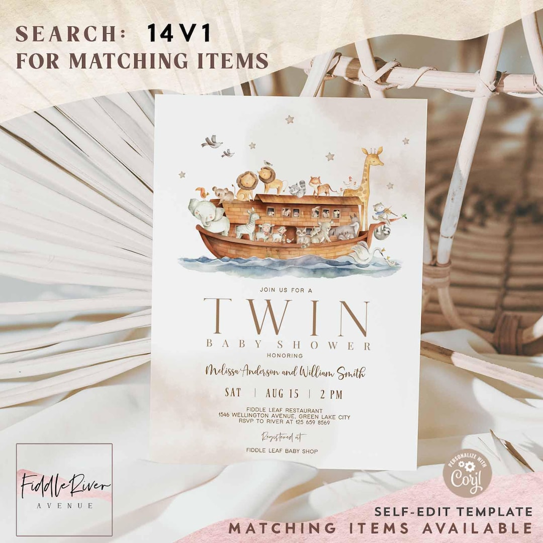 Editable TWIN Gender Neutral Noah's Ark Theme Animals Twins Baby Shower ...