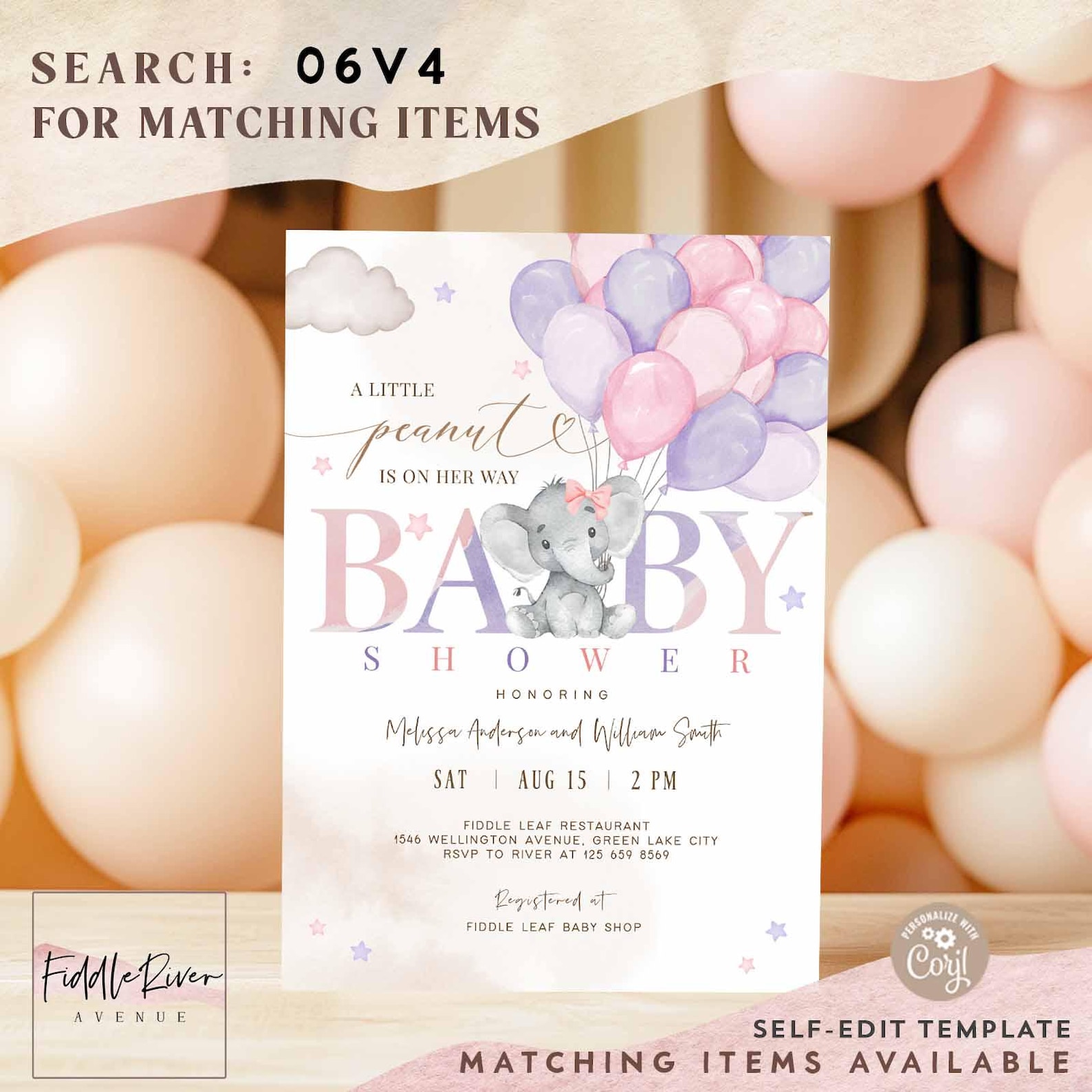 Editable Purple Pink Elephant Baby Shower Invitation: Little Peanut ...