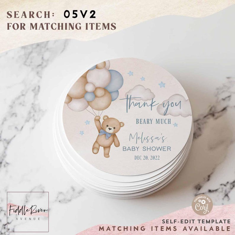 Editable Blue Boy Teddy Bear Thank You Round Tag Sticker Label Thank ...