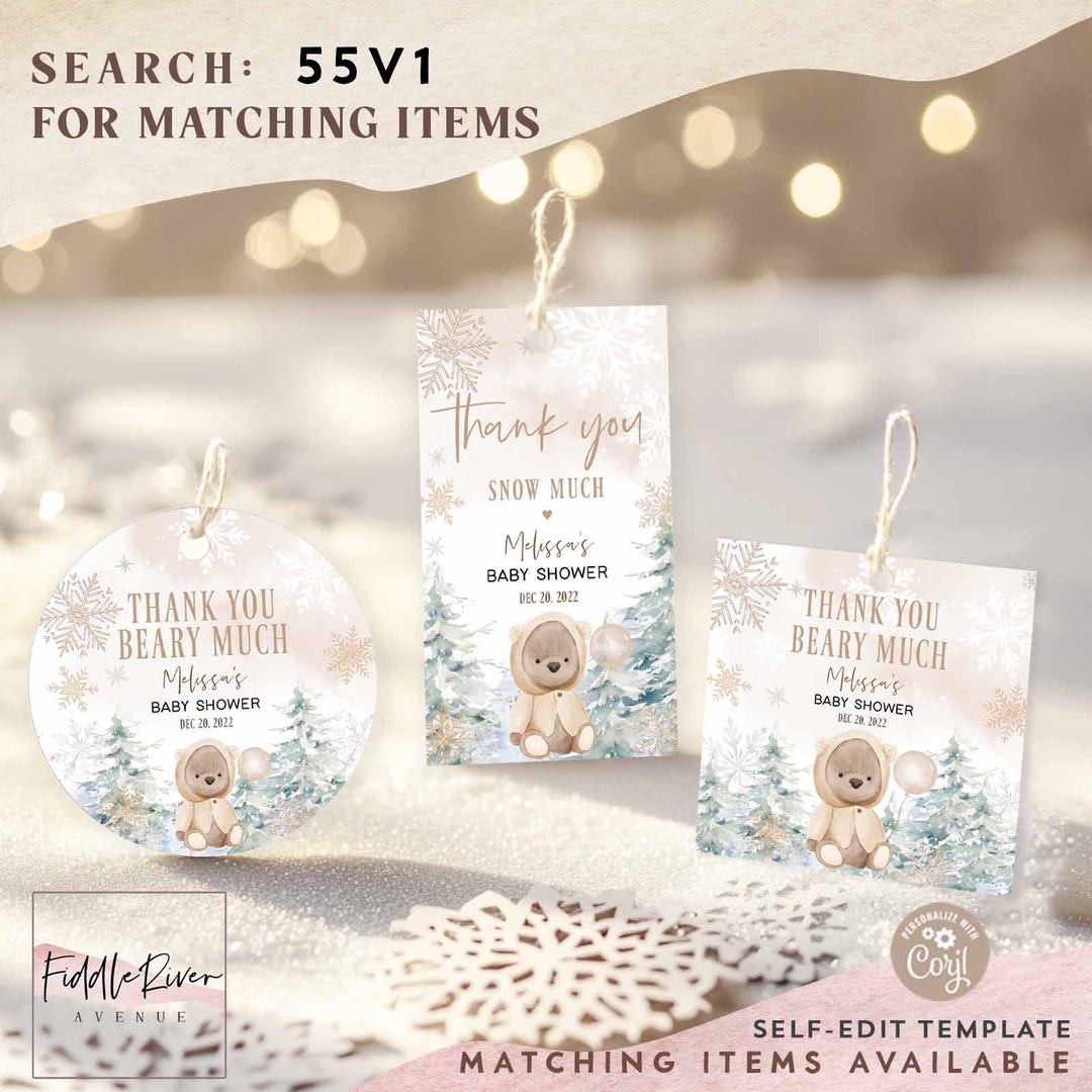 Winter Thank You Beary Much Snowflake: Tag Label Sticker Round Square ...